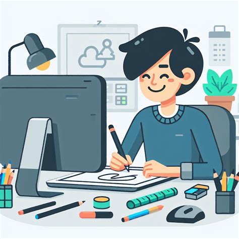 A Image Of A Cartoon Babe Sitting At A Table Drawing In Front Of A Computer Premium AI