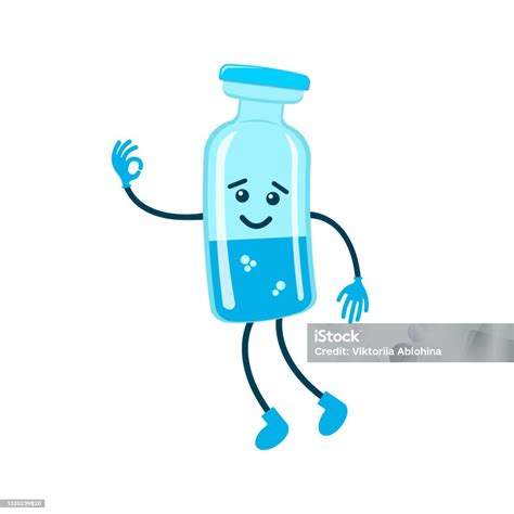 귀여운 만화 백신 캐릭터미소와 Ok 제스처를 보여줍니다 흰색 배경에 고립 된 유치한 스타일의 약물 유리병 아이들을위한 의학 또는 예방 접종 테마 벡터 일러스트레이션 만화에