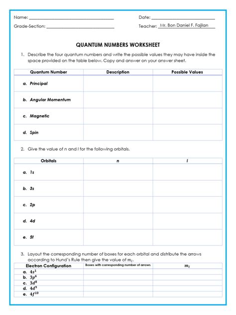 Quantum Numbers Worksheet Pdf