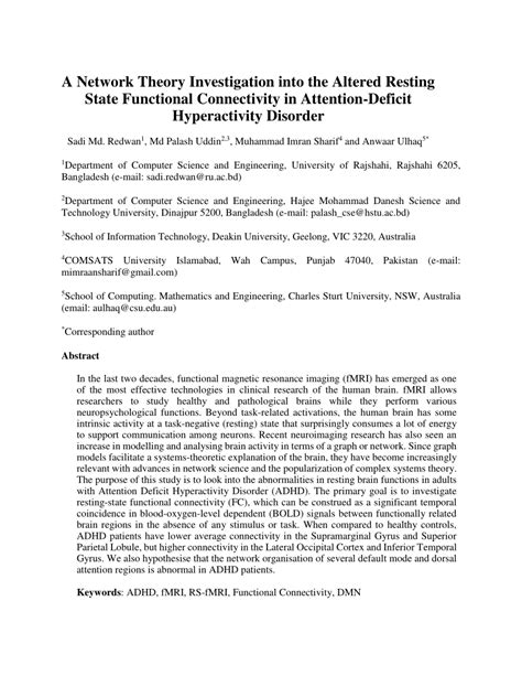 Pdf A Network Theory Investigation Into The Altered Resting State Functional Connectivity In
