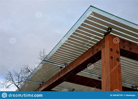Terrace With Wooden Pergola And Plexiglass Roof Vines Are Straining Stock Image Image Of