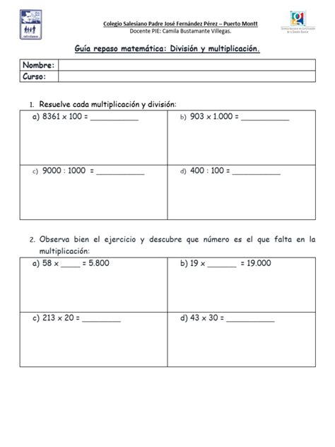 Guía De Matemáticas Multiplicación Y División Pdf