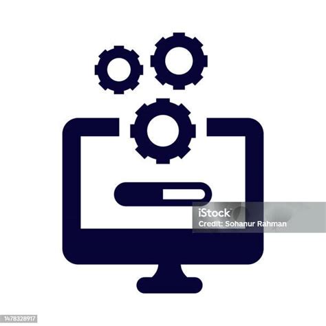 컴퓨터 모니터 기어 설정 업데이트 소프트웨어 컴퓨터 소프트웨어 업데이트 아이콘 Webbing Textile에 대한 스톡 벡터