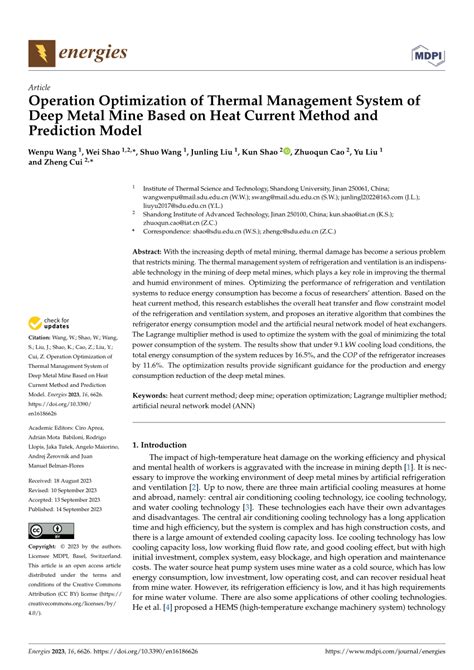 Pdf Operation Optimization Of Thermal Management System Of Deep Metal Mine Based On Heat