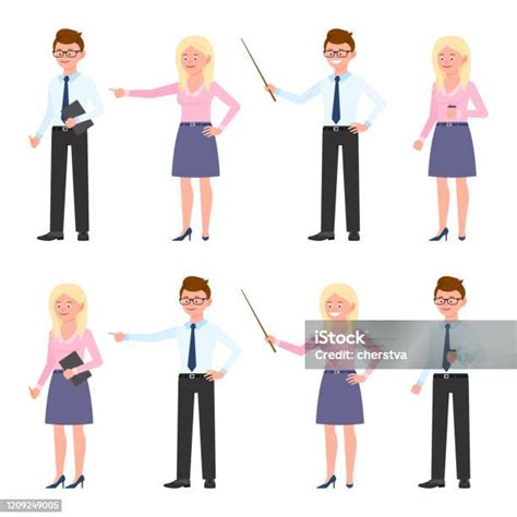 재미 사무실 노동자 남자와 여자 벡터 그림입니다 손가락을 가리키고 나무 지팡이를 들고 커피와 함께 서 글쓰기 노트 안경 남자와 흰색에 설정 금발 여자 만화 캐릭터 가공의