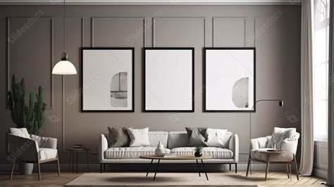 ห้องนั่งเล่นสีเทาพร้อมเฟอร์นิเจอร์และภาพวาดใส่กรอบ ดาวน์โหลดพื้นหลัง Powerpoint ฟรี Slidesdocs