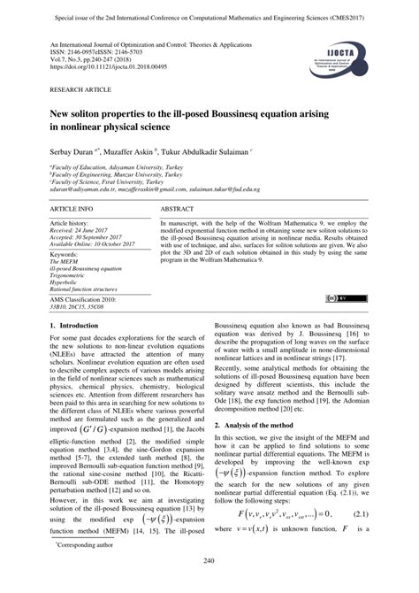 Pdf New Soliton Properties To The Ill Posed Boussinesq Equation Arising In Nonlinear Physical