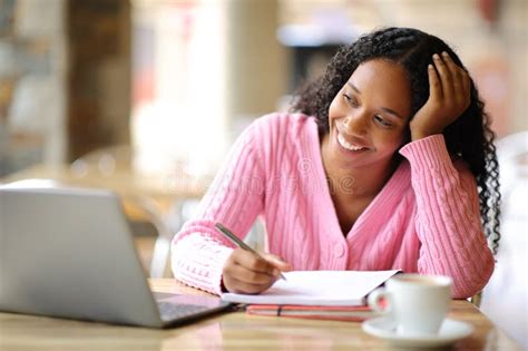 Happy Black Woman E Learning Using Laptop In A Bar Stock Image Image