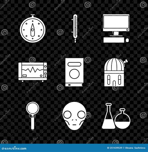 Set Compass Computer Monitor With Keyboard And Mouse Magnifying Glass Extraterrestrial Alien