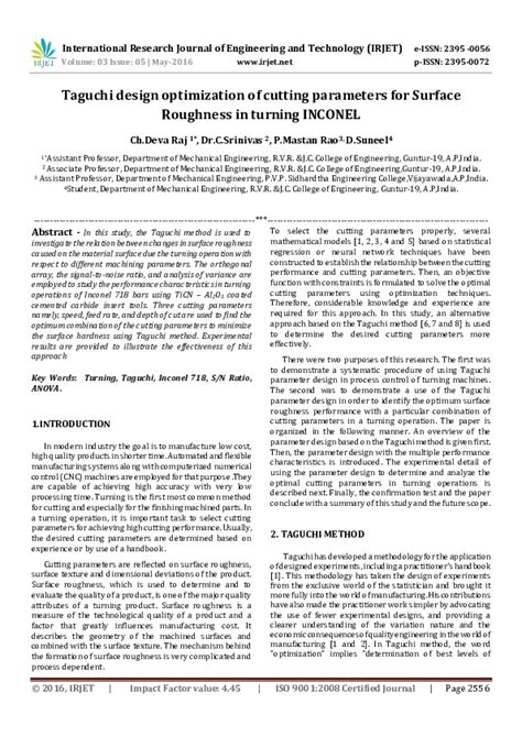 Pdf Taguchi Design Optimization Of Cutting Parameters For Surface Roughness In Turning Inconel