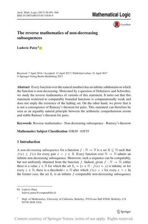 The Reverse Mathematics Of Non Decreasing Subsequences Request Pdf