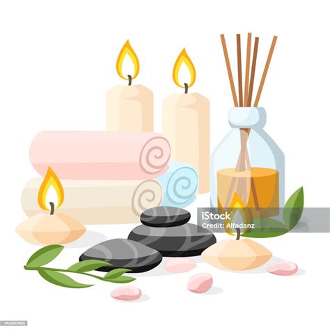 다채로운 스파 도구 및 액세서리 검은 현무암 마사지 돌 나물 장소 텍스트와 흰색과 파란색 배경에 수건 초와 석유 벡터 일러스트