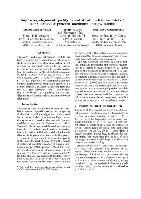 Pdf Improving Alignment Quality In Statistical Machine Translation Using Context Dependent