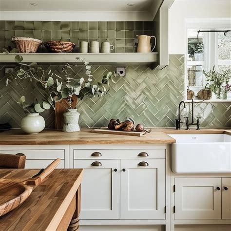 Green Glass Subway Tile Kitchen Backsplash With Herringbone Mosaic