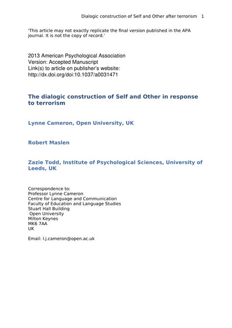 Pdf The Dialogic Construction Of Self And Other In Response To Terrorism