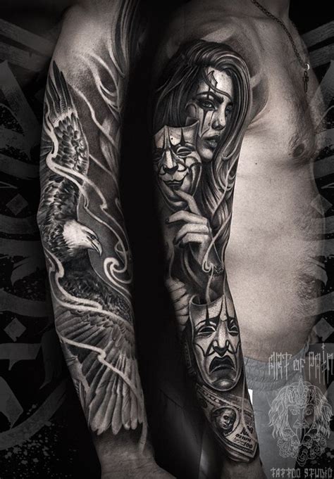 Татуировка мужская чикано тату рукав девушка маски орел деньги Татуировка чикано