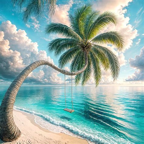 Swing Hanging From A Curved Palm Tree Stock Illustration Illustration