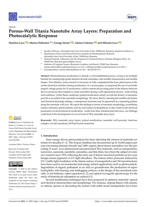 PDF Porous Wall Titania Nanotube Array Layers Preparation And