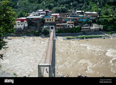 View Of Mankar Village And Its Suspension Bridge Swat Valley Pakistan