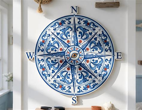 Nautical Compass Wall Decor Blue Floral Sea Life Art Beach House