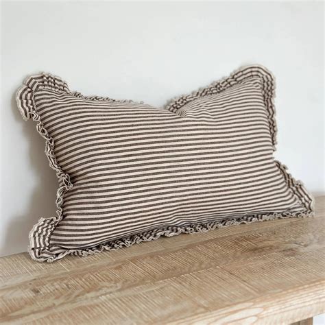 Darcy Ruffle Cotton Cushion Cover 50 × 30 Dark Brown Stripe