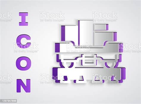 회색 배경에 격리 된 종이 컷화물 열차 마차 아이콘 전체 화물 차 철도 운송 종이 아트 스타일 벡터 3차원 형태에 대한 스톡
