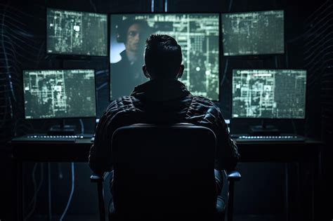 Premium Ai Image Back View Of A Person Sitting In Front Of Multiple Monitors