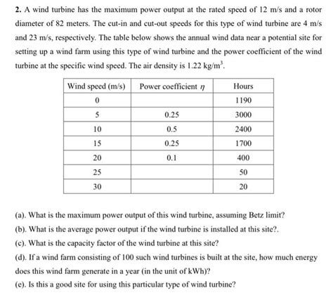 Solved 2 A Wind Turbine Has The Maximum Power Output At The