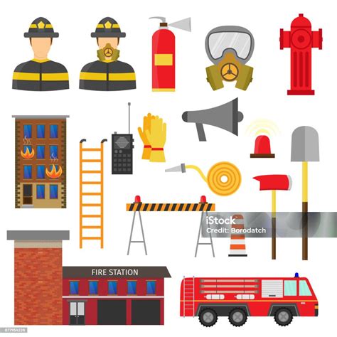 벡터 평면 그림 소방 캐릭터와 Infographic 도끼 후크 및 소화 전 소방 헬기 호스 역 엔진 알람 소화기의 큰 집합입니다 만화에 대한 스톡 벡터 아트 및 기타 이미지
