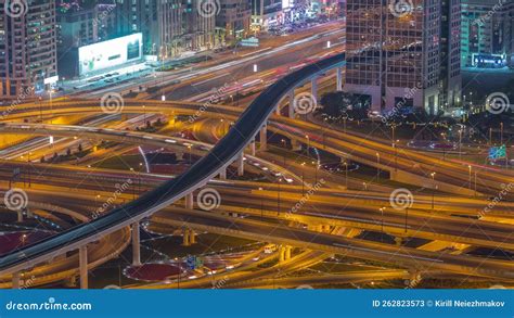 Highway Intersection And Overpass Of Dubai Downtown Aerial Night Timelapse Stock Image Image