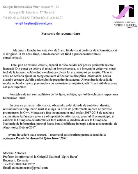Scrisoare De Recomandare Elev Updated