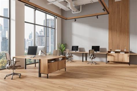 Stylish Office Interior With Table And Chairs Workspace Near Panoramic Window Stock