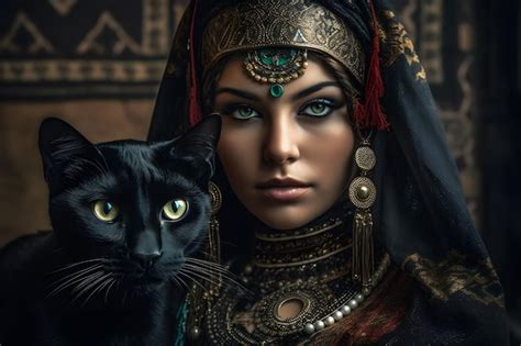 Premium Ai Image Beautiful Oriental Woman And Black Cat Neural Network Ai Generated