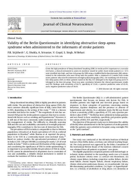 Pdf Validity Of The Berlin Questionnaire In Identifying Obstructive Sleep Apnea Syndrome When