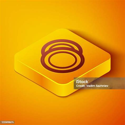 주황색 배경에 격리된 등각투영 선 플레이트 아이콘입니다 칼 기호입니다 레스토랑 간판입니다 노란색 사각형 버튼입니다 벡터 일러스트레이션 그릇에 대한 스톡 벡터 아트 및 기타