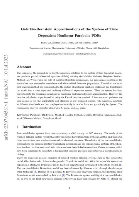 Pdf Galerkin Bernstein Approximations Of The System Of Time Dependent Nonlinear Parabolic Pdes