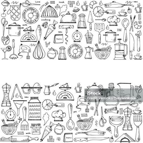 주방 도구의 벡터 배경 손으로 그린 낙서 조리 장비 레스토랑 메뉴 조리법 책 및 벽지를위한 그림 개체 그룹에 대한 스톡 벡터
