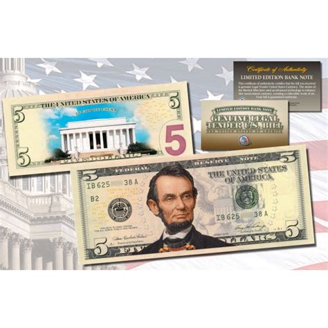 Lincoln Memorial Day Version Genuine Legal Tender Colorized 2 Sided 5