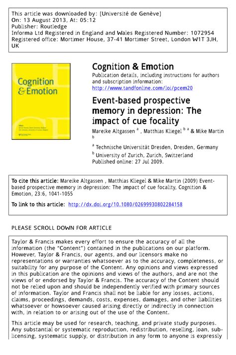 Pdf Event Based Prospective Memory In Depression The Impact Of Cue Focality