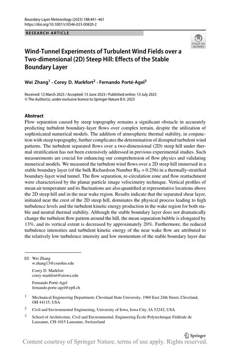 Wind Tunnel Experiments Of Turbulent Wind Fields Over A Two Dimensional 2d Steep Hill Effects