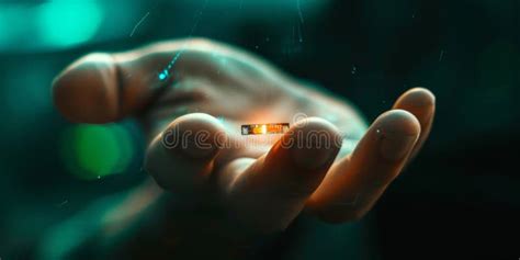 Hand With Visible Microchip Implant Hand With Small Glowing Microchip In Futuristic Scene Stock