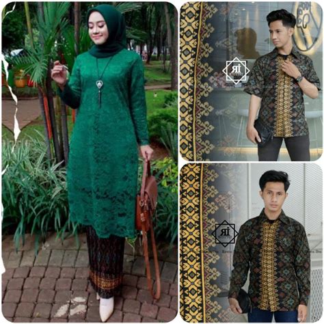 Jual Couple Set Kebaya Tunik Brukat Hijau Botol Dan Kemeja Batik Ayunda