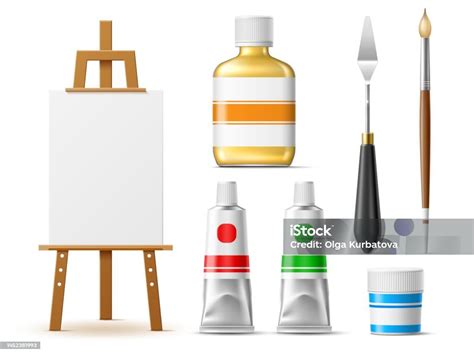 현실적인 화가 도구 미술 용품 및 장비 오일 및 솔벤트 구 아슈 항아리 및 페인트 브러시 팔레트 나이프 및 캔버스가있는 이젤 3d 격리 요소 아티스트 악기 Utter 벡터