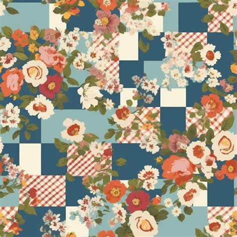 Premium AI Image A Close Up Of A Patchwork Pattern With Flowers And Gingham Generative Ai
