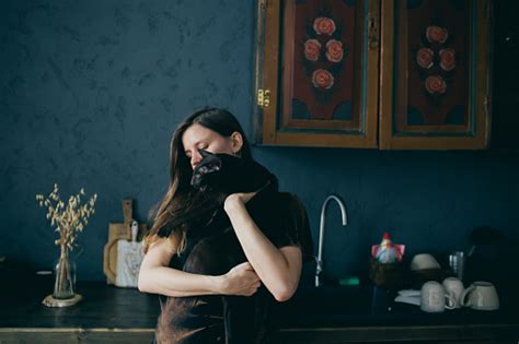 파란 스웨터를 입은 임산부는 동양의 짧은 머리 고양이와 함께 부엌에 서 있다 가구에 대한 스톡 사진 및 기타 이미지 가구