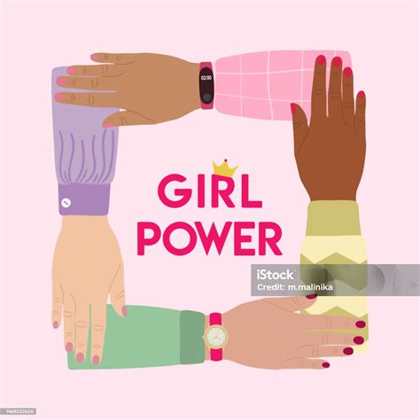 소녀의 힘 포스터 여성의 손이 함께 쌓여 있습니다 여성 권한 부여 소녀 권력 성 평등을 위한 투쟁 페미니즘 자매애 개념 손으로