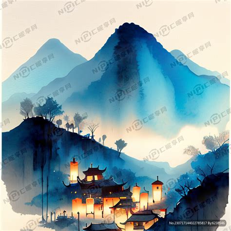 Ai创作图万家灯火群山成片村落梦幻蓝色 昵图网