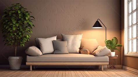 3d 렌더링 소파 프레임 베개 램프 및 식물을 갖춘 매혹적인 나무 스타일 창 장면 3d 식물 배경 거실 배경 흰색 거실 배경 이미지 Hd 3d 식물 거실 흰색
