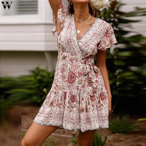 Women Dress 2019 Summer Sexyv Neck Floral Print Chiffon Dress Boho