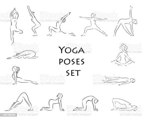 여성 실루엣 요가 포즈의 컬렉션 아사나 세트 벡터 일러스트레이션 요가에 대한 스톡 벡터 아트 및 기타 이미지 요가 라인아트